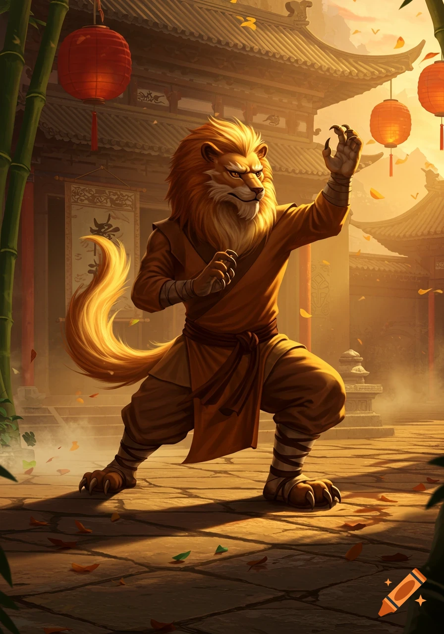 An anthropomorphic lion in a martial arts pose, wearing a monk's robe ...
