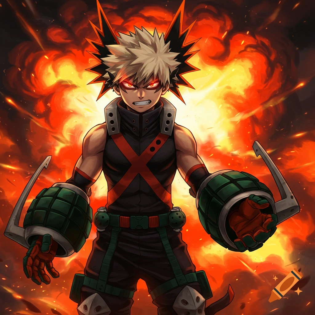 Anime character Bakugo in a hero suit with grenade gauntlets, standing ...