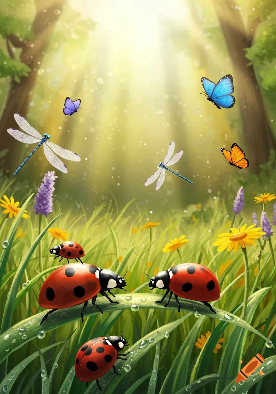 Ladybugs on dewy grass, butterflies, and dragonflies fly in a sunny ...