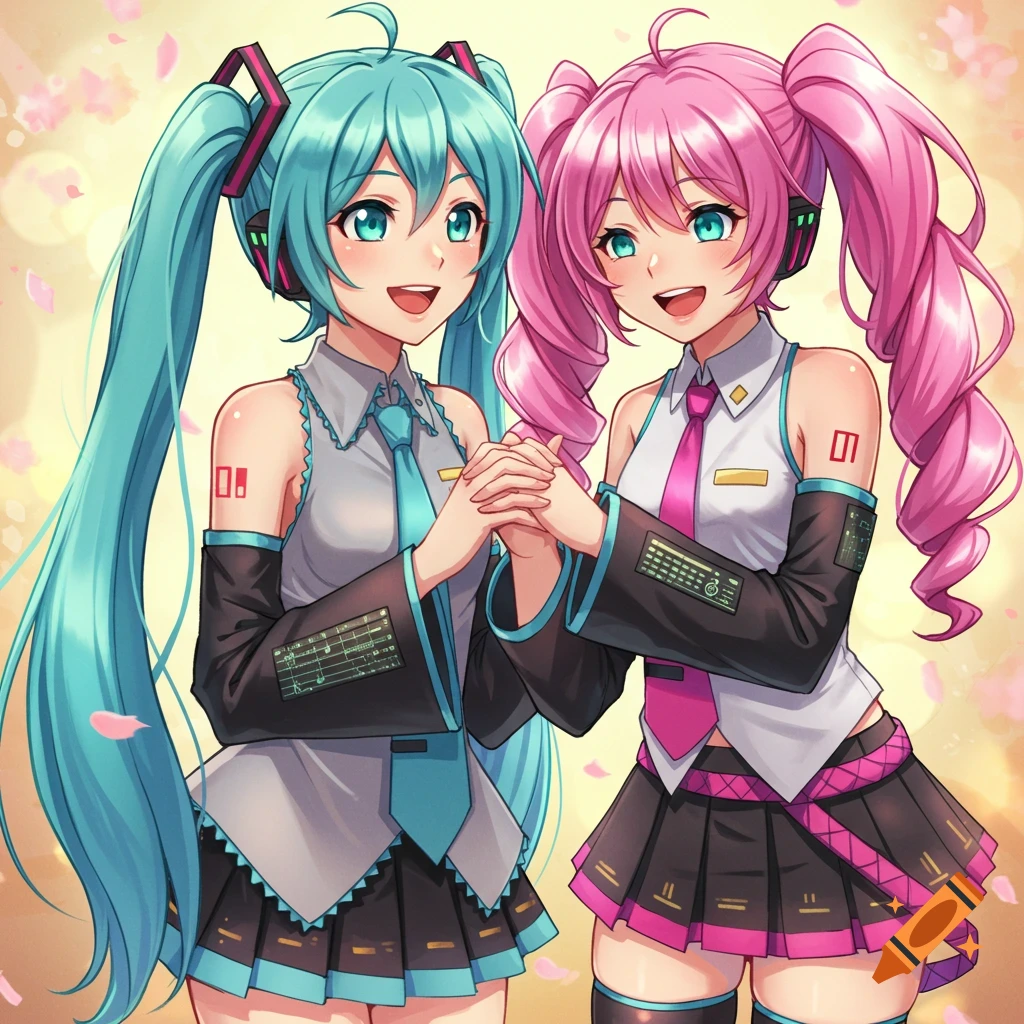 Anime art of Hatsune Miku (blue pigtails) and Kasane Teto (pink ...