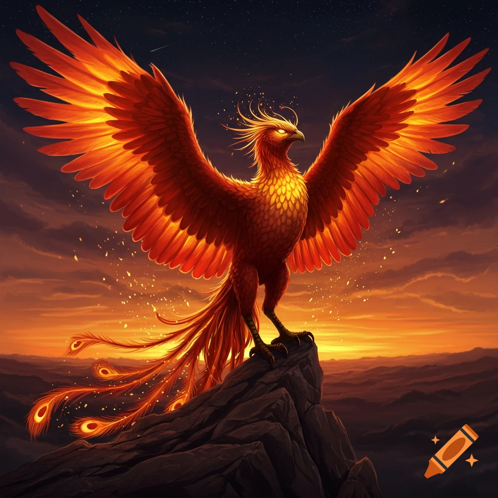 A vibrant, fiery phoenix with outstretched wings stands atop a rocky ...
