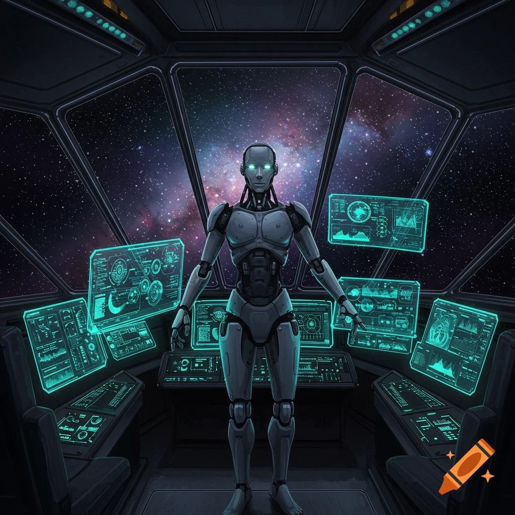 A humanoid robot stands in a spaceship cockpit with glowing screens ...