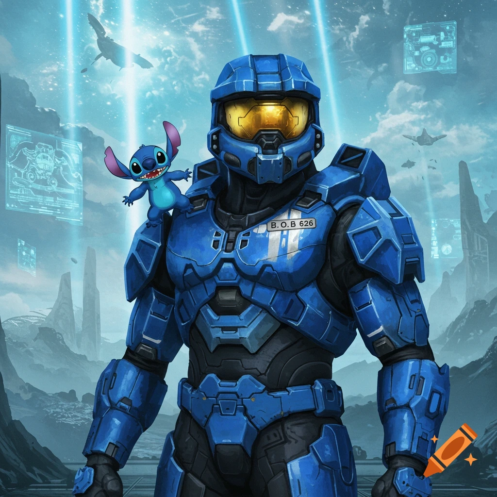 A golden armored Halo Elite warrior stands on a desolate, fiery red ...