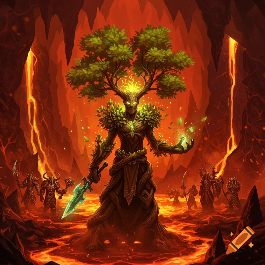 A tree druid with a glowing head and leafy shoulders casts a spell in a ...