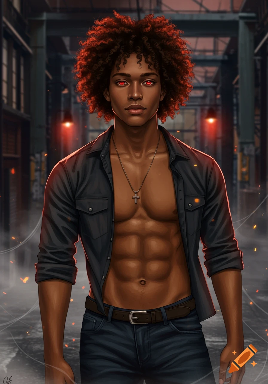 Stylized illustration of a dark-skinned man with red curly hair and red ...