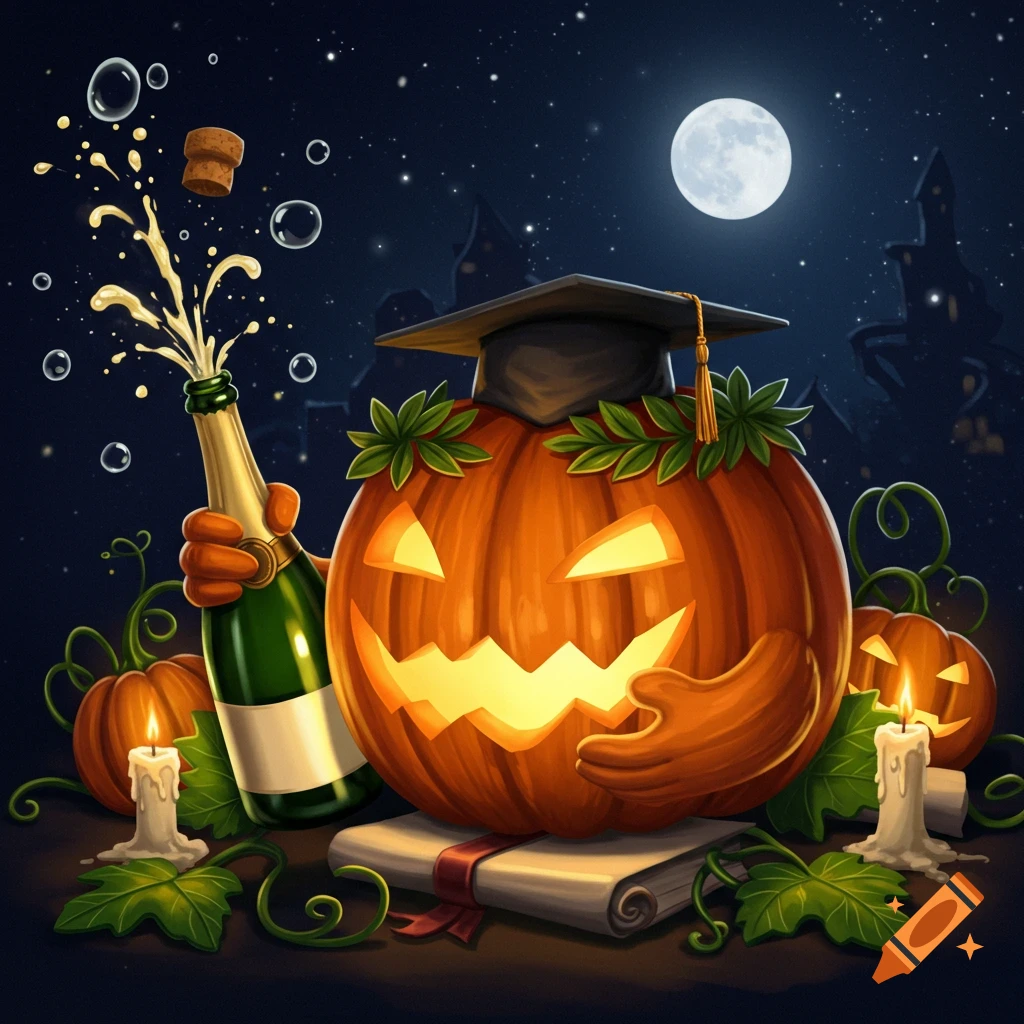 A festive Halloween pumpkin wearing a graduation cap and laurel ...