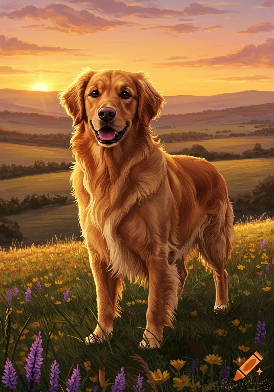 Illustrative golden retriever standing on a rock in a wavy ocean with ...