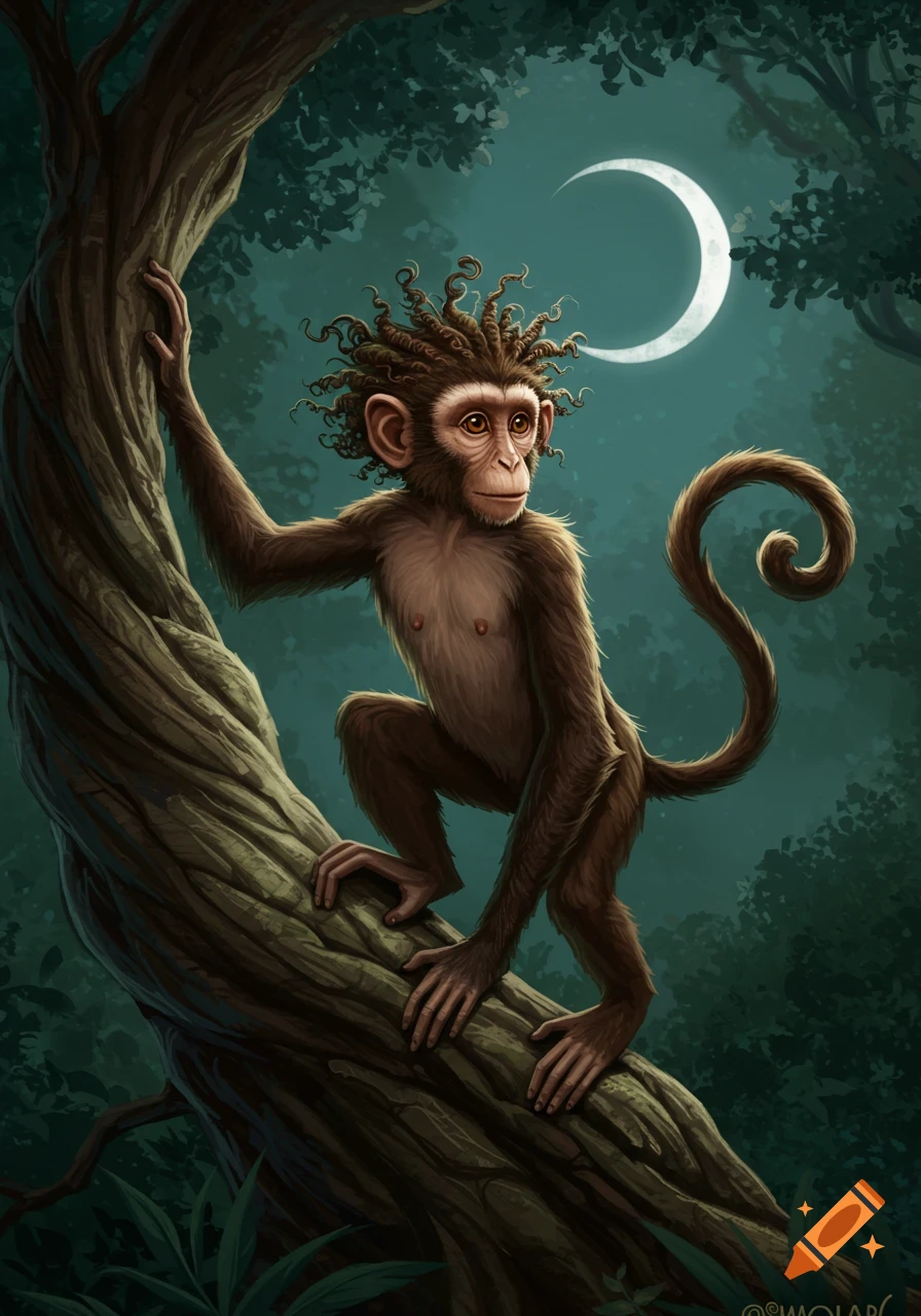 A monkey-human hybrid creature with curly hair and human-like hands ...