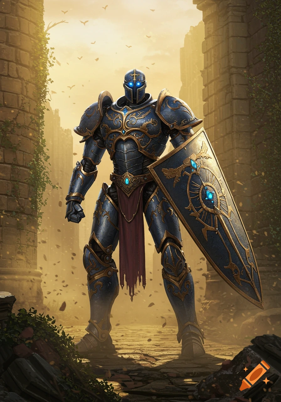 A formidable robot shield guard in ornate blue and gold fantasy armor ...