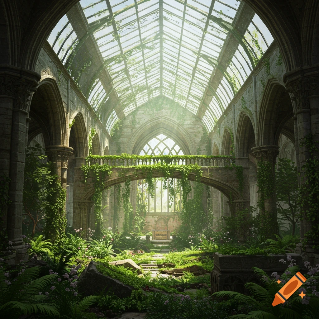 Photorealistic view of a lush botanical garden inside ancient church ruins with a glass roof and ...