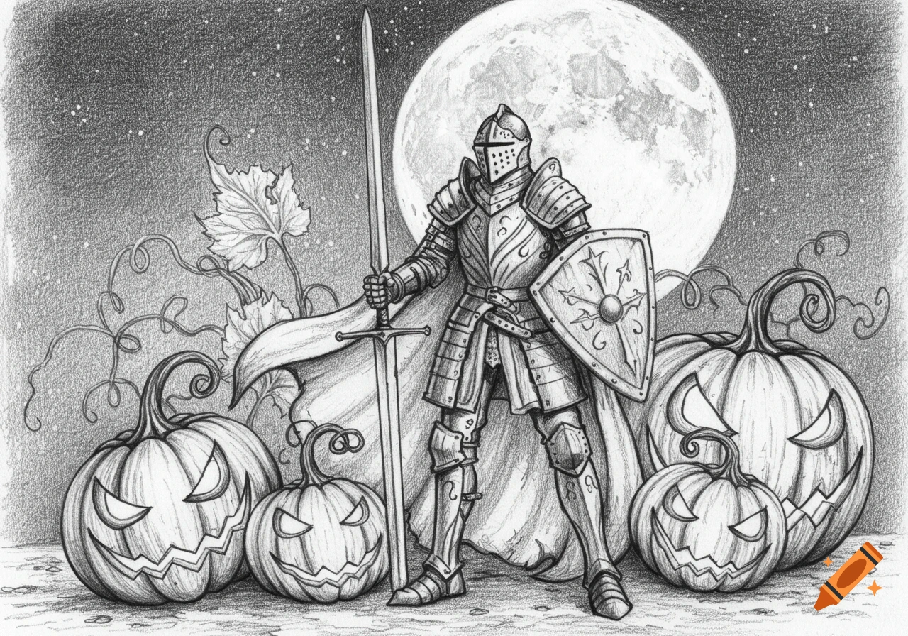 Pencil sketch of a knight holding a sword and shield, standing amidst ...