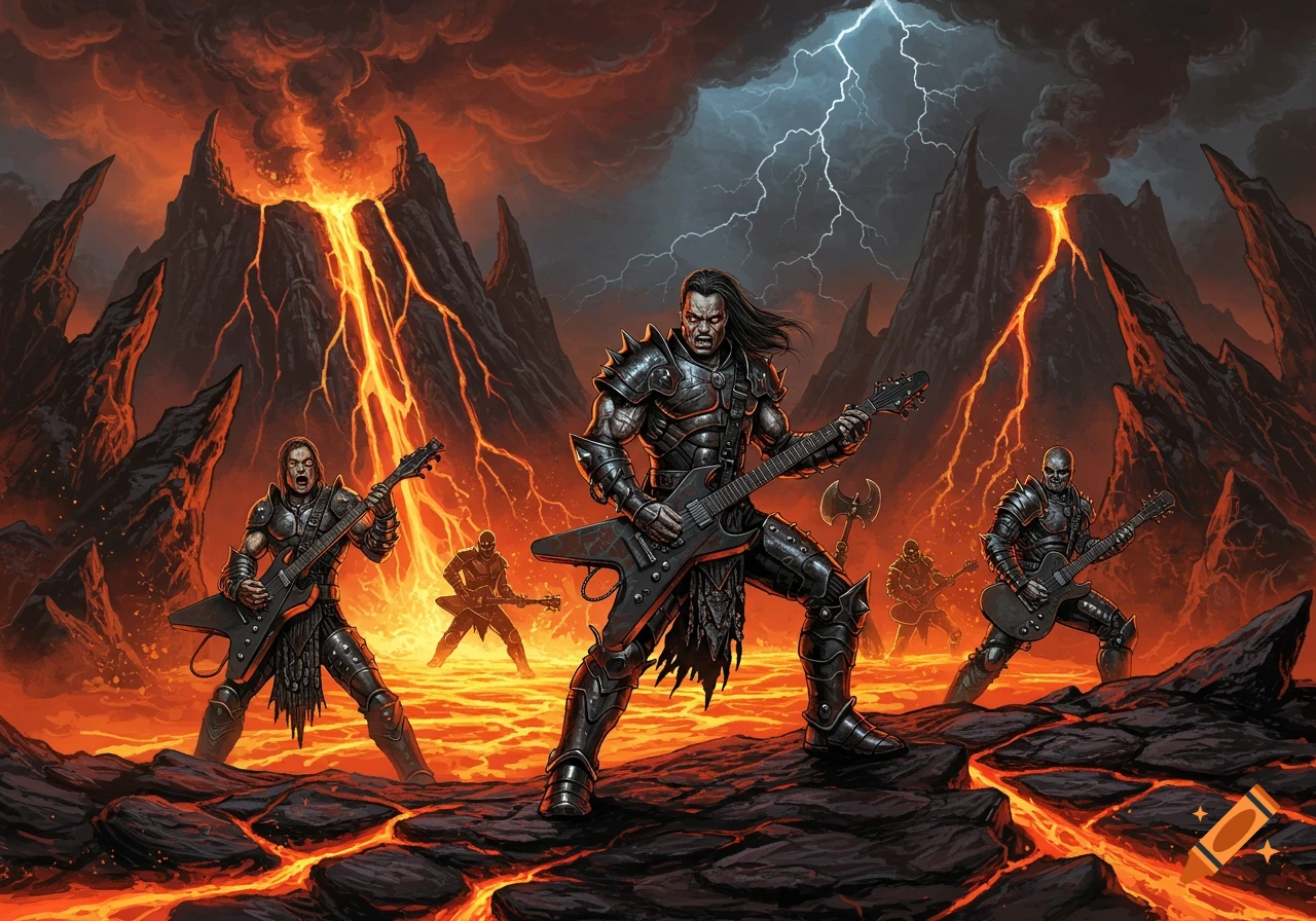 A heavy metal band plays guitars in a dark, volcanic hellscape with ...