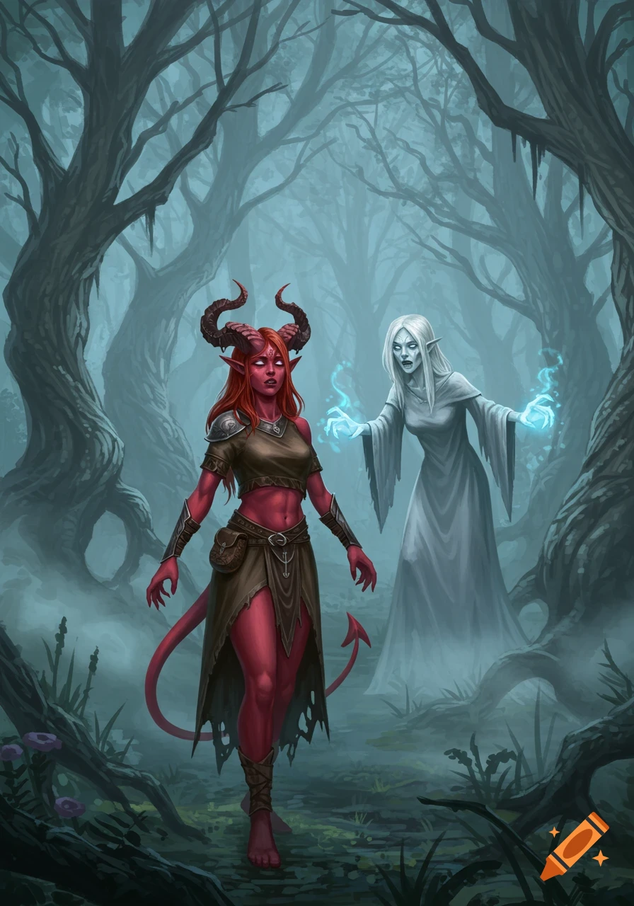 A red-skinned tiefling woman with horns and a tail walks through a misty, gnarled forest ...