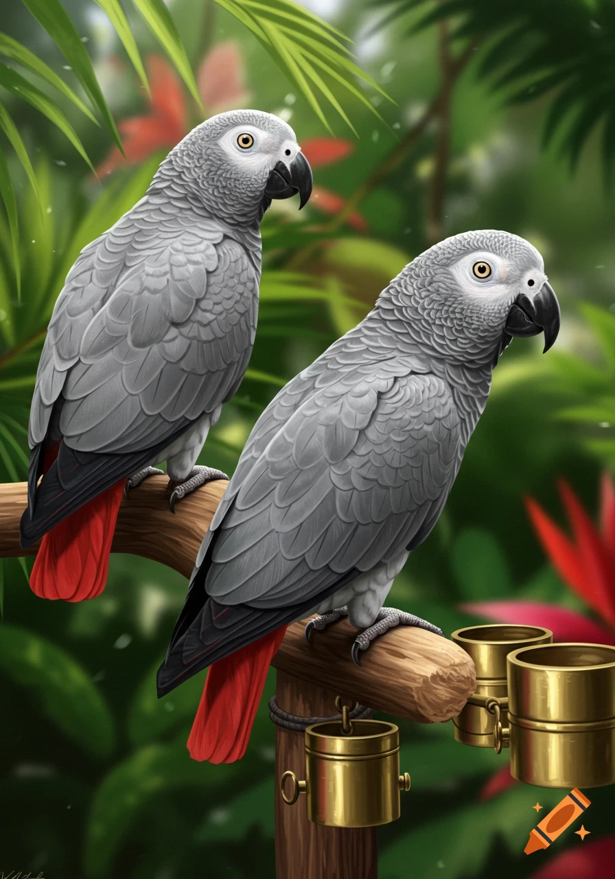 Two grey African parrots with red tails perch on a wooden branch with ...