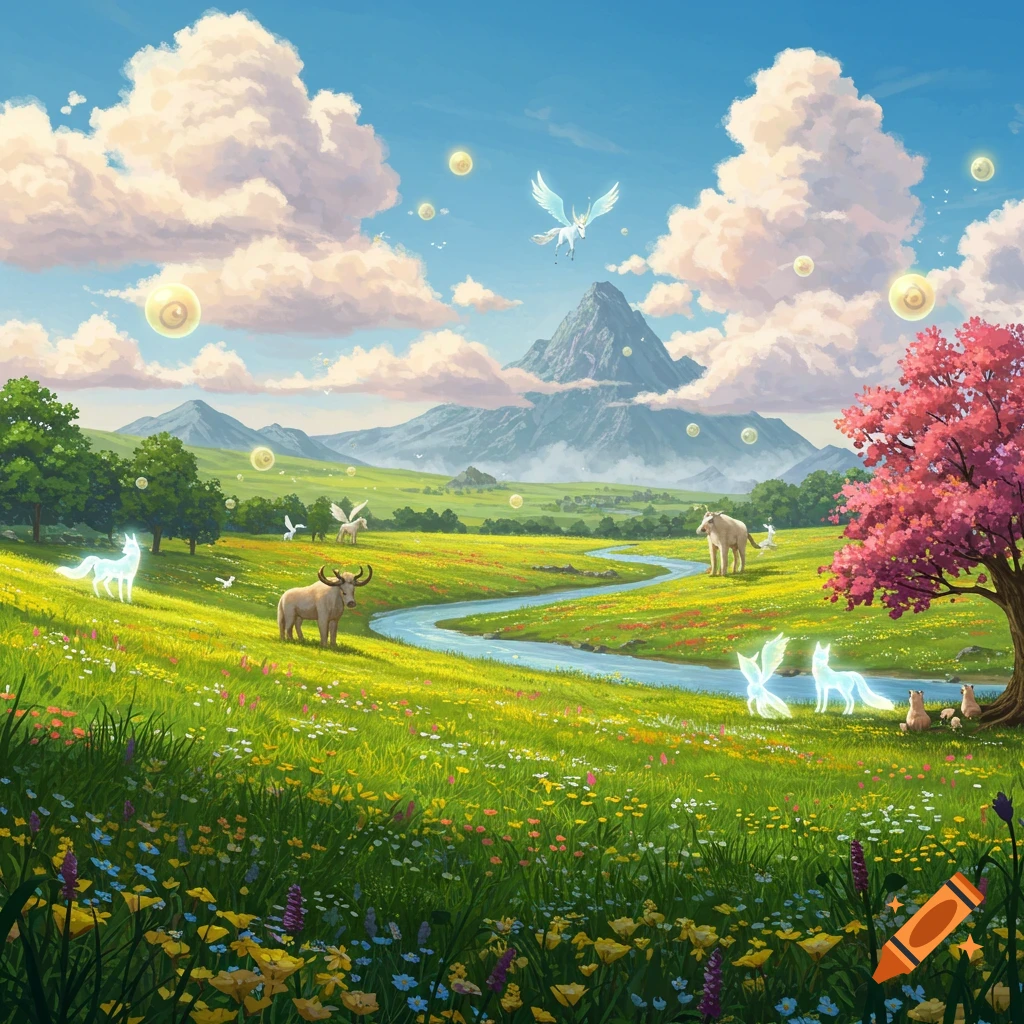 Vibrant fantasy landscape with glowing mythical creatures in a flower ...