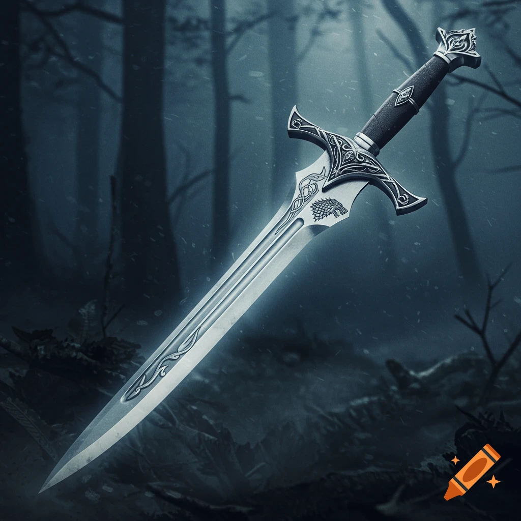 A gleaming fantasy sword with an ornate hilt and Direwolf sigil on its ...