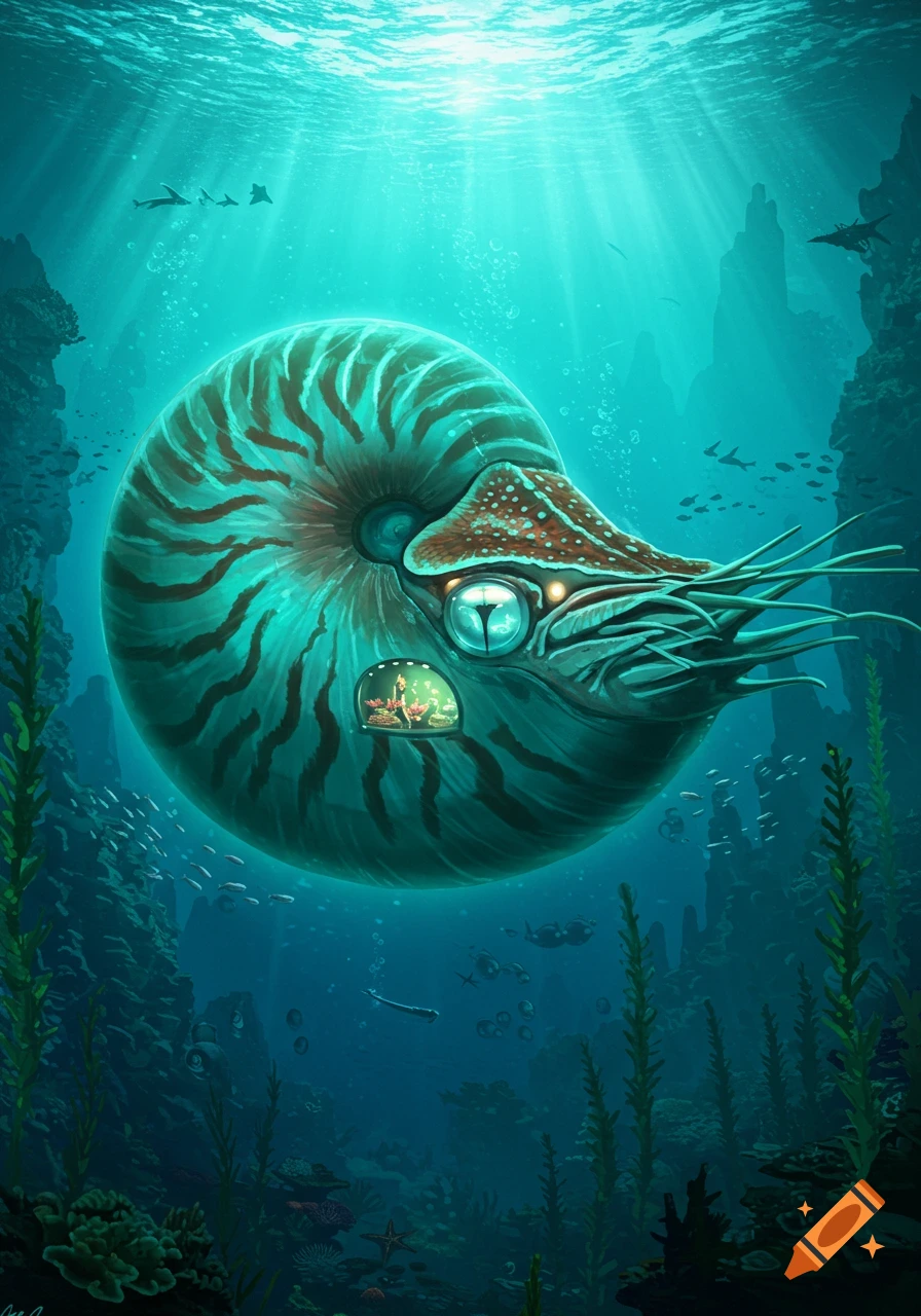 A fantastical nautilus shell submarine with a clear viewing dome floats ...