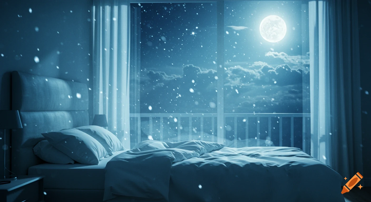 Illustrated snowy brown brick farmhouse at night under a full moon ...