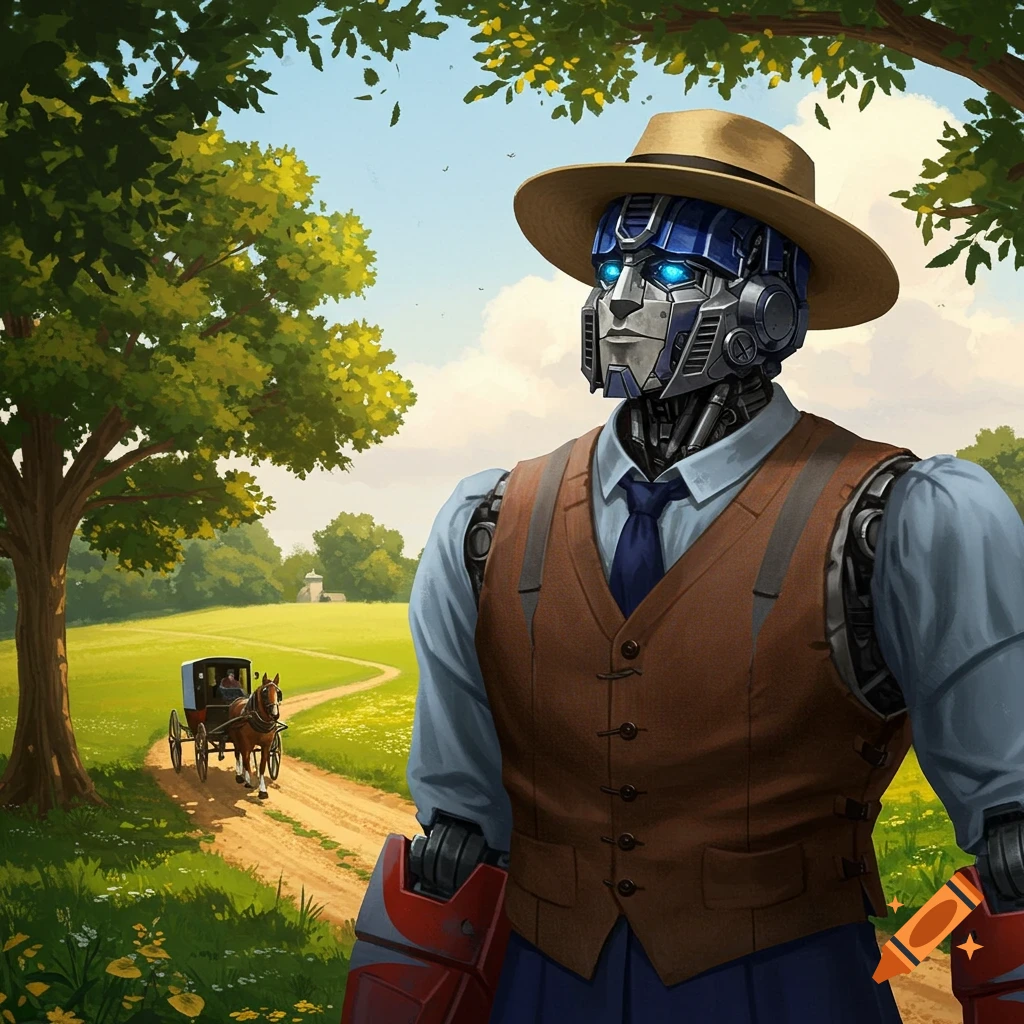 Optimus Prime robot wearing a straw hat and vest in a rural field with ...