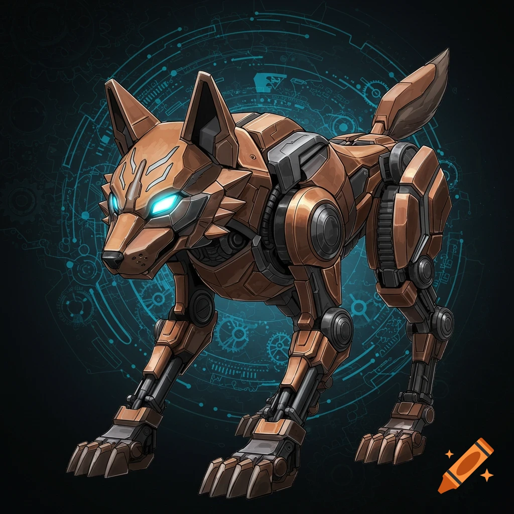 A stylized mecha coyote with glowing blue eyes, detailed bronze and ...