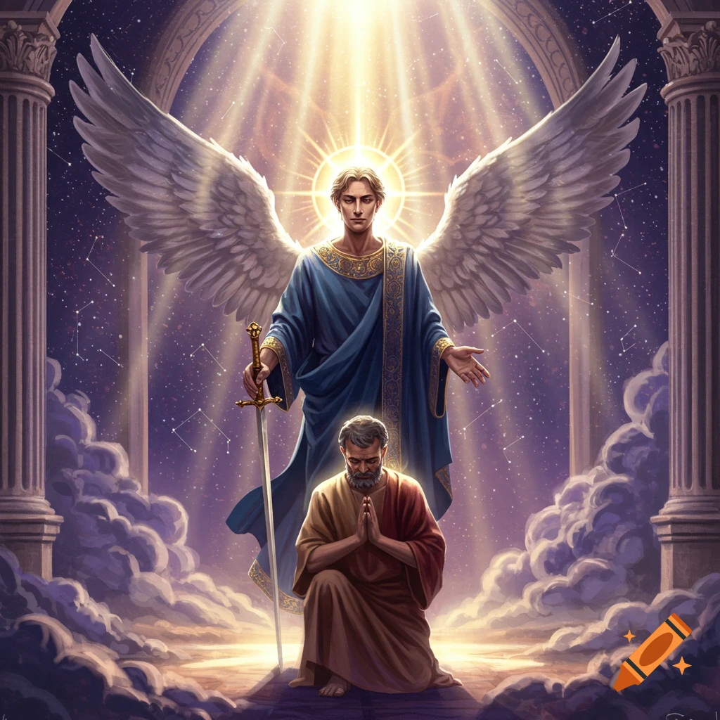 A majestic winged angel with a sword stands over a man kneeling in ...