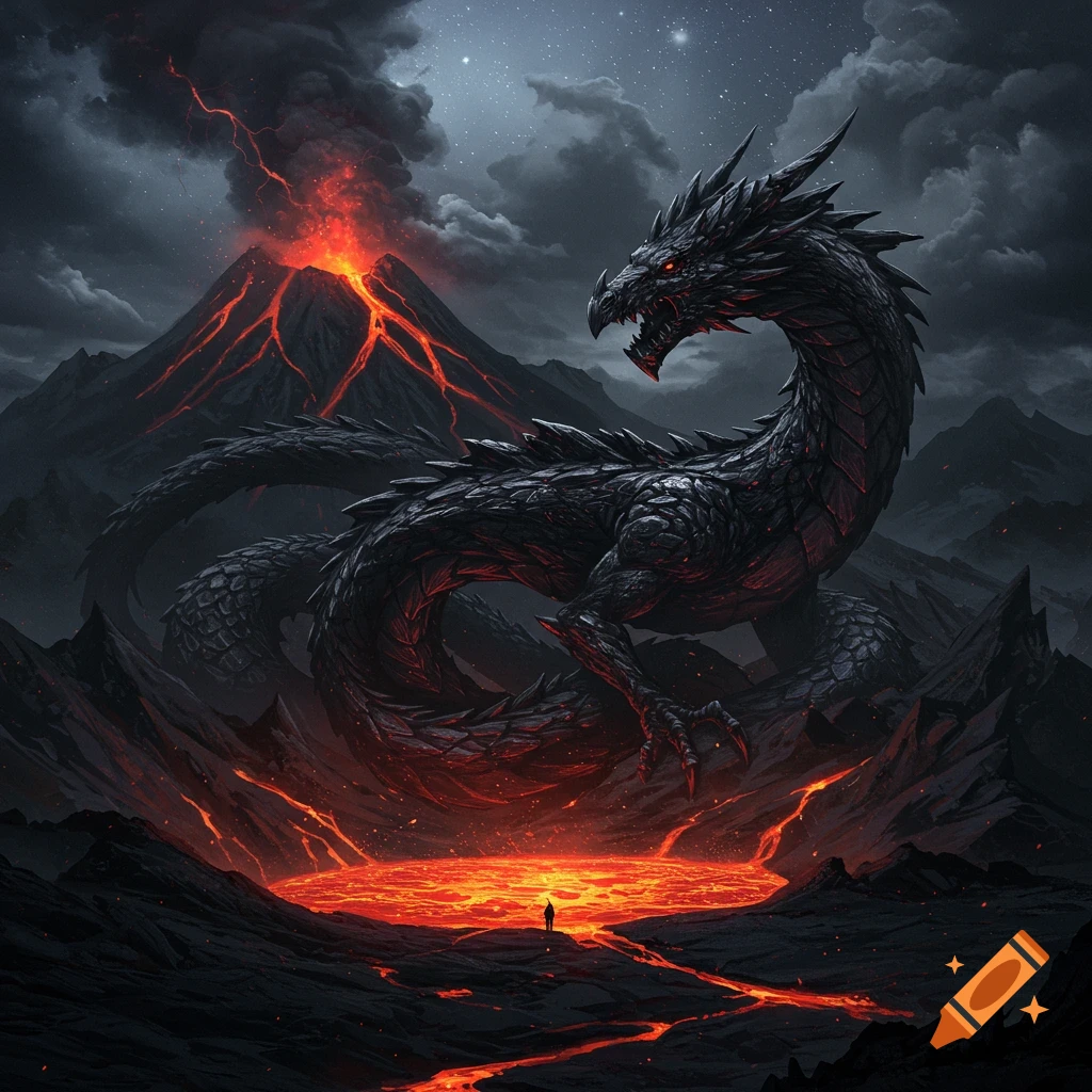 A colossal obsidian dragon coils around a volcanic caldera with flowing ...