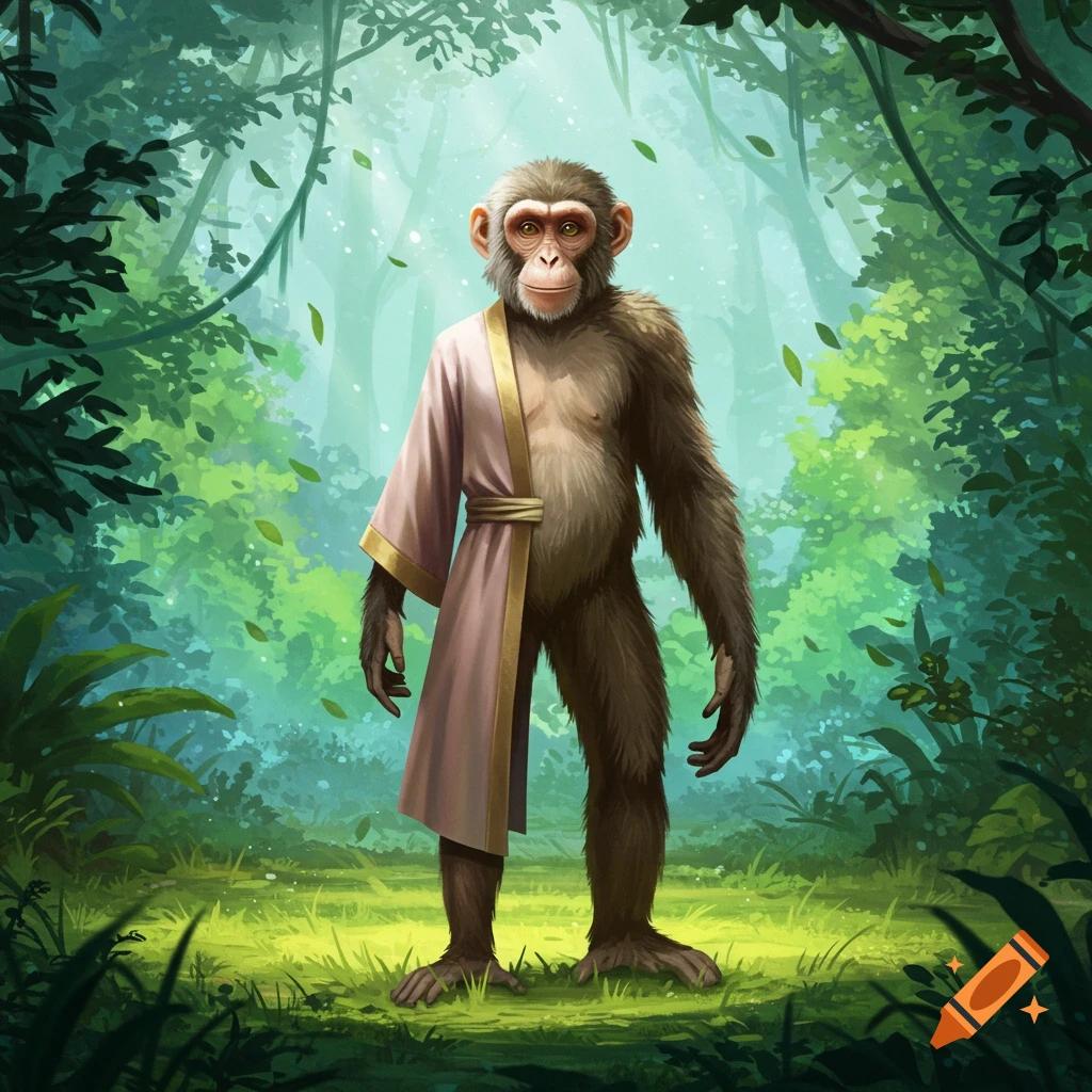 A monkey-human hybrid creature wearing a light pink robe stands in a ...