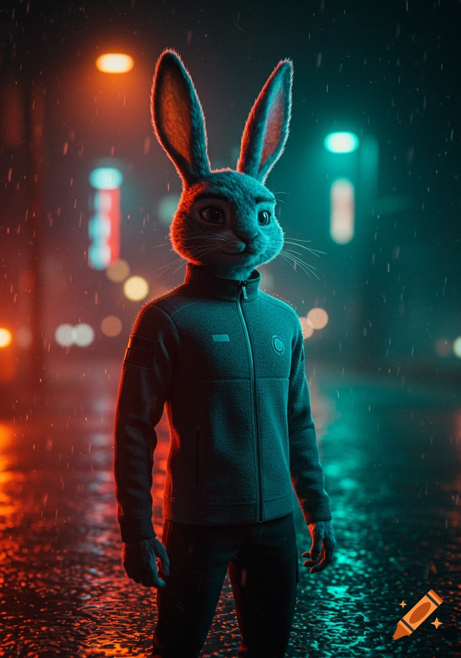 An anthropomorphic bunny in a tech fleece jacket stands in a rain ...