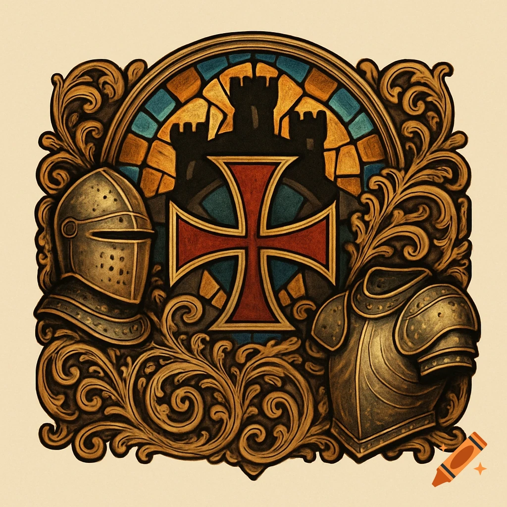 A detailed medieval emblem featuring a Templar cross, knight's armor, a ...