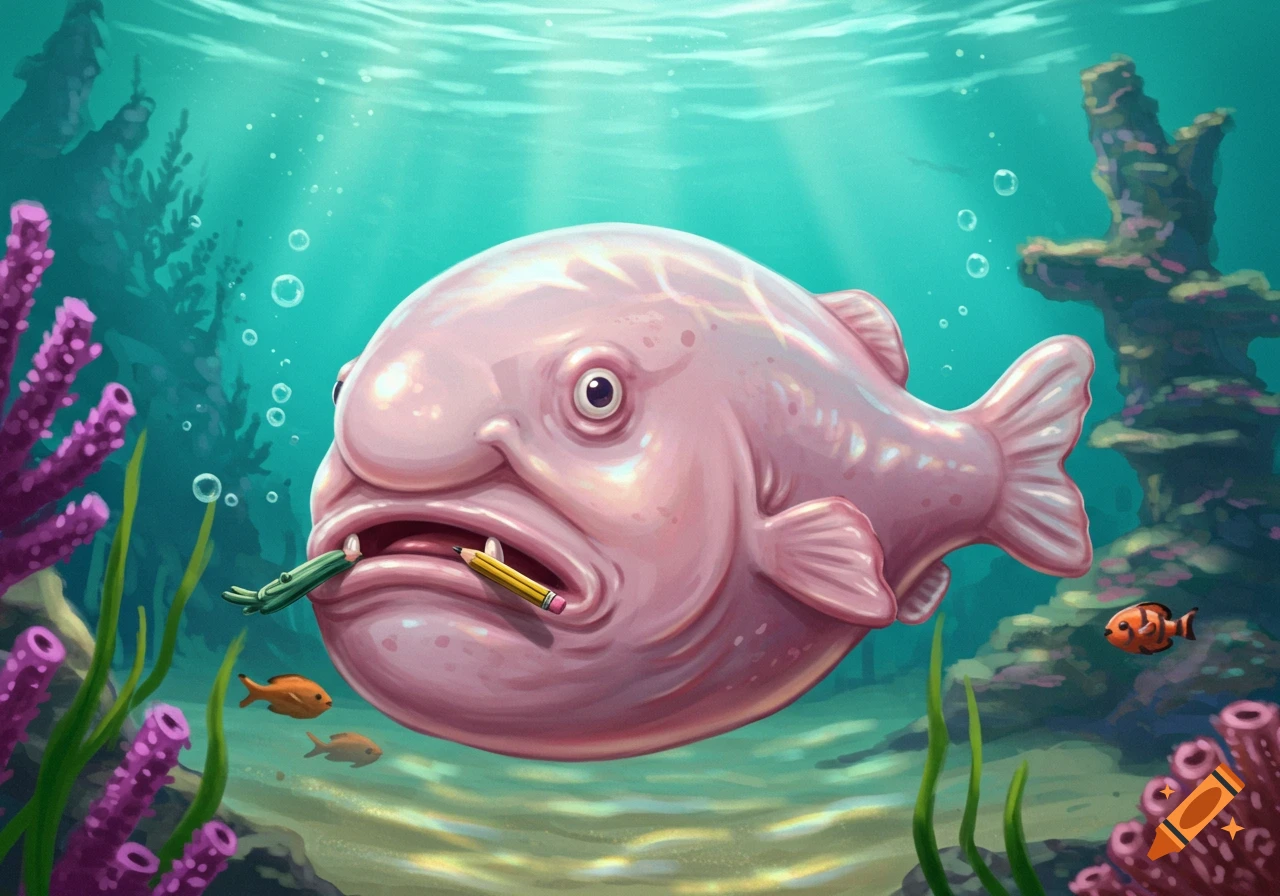 A pink blob fish with pencils in its mouth swims underwater among ...