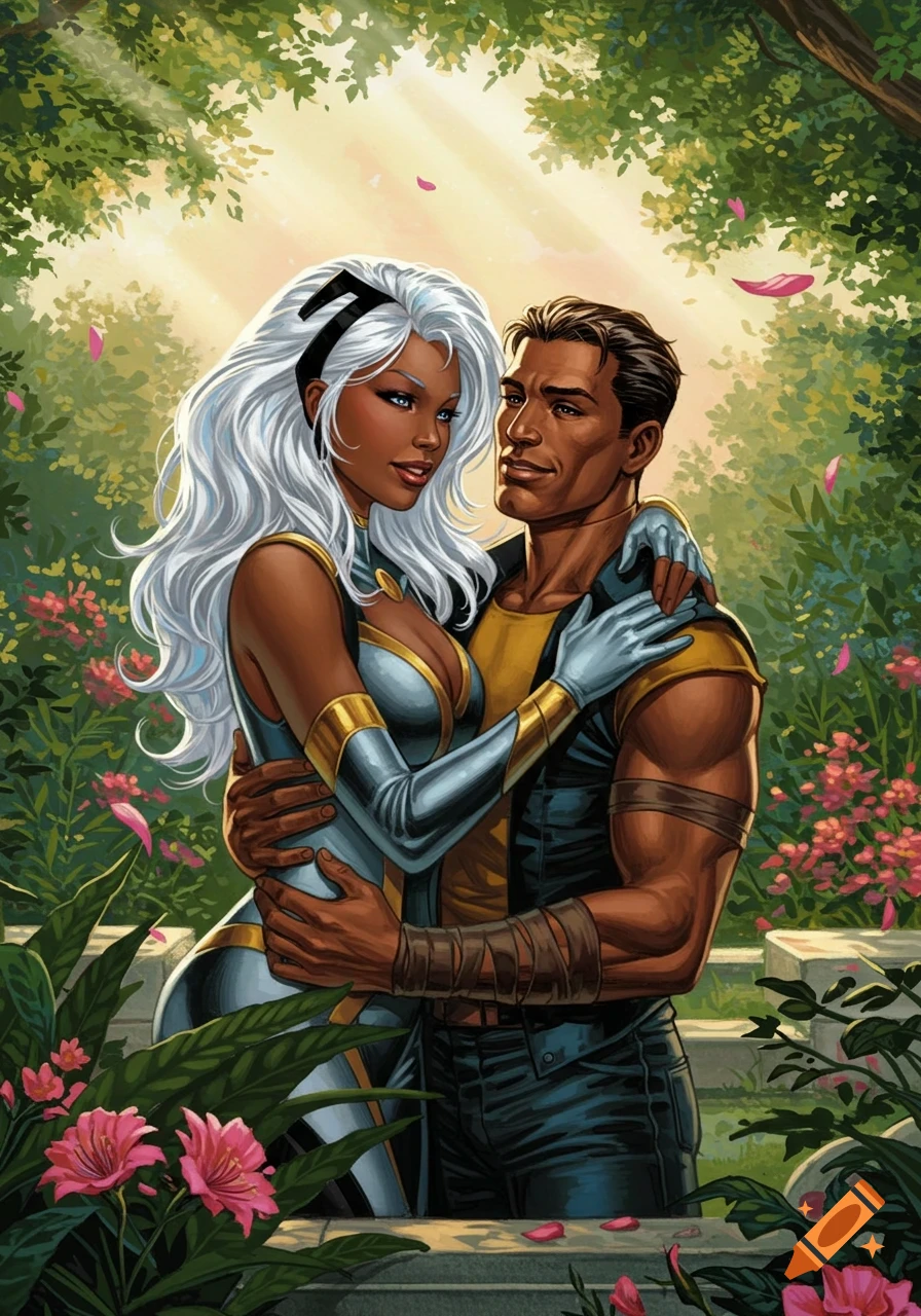 Storm and Forge hug affectionately in a sunlit, lush garden, in a comic art style. on Craiyon