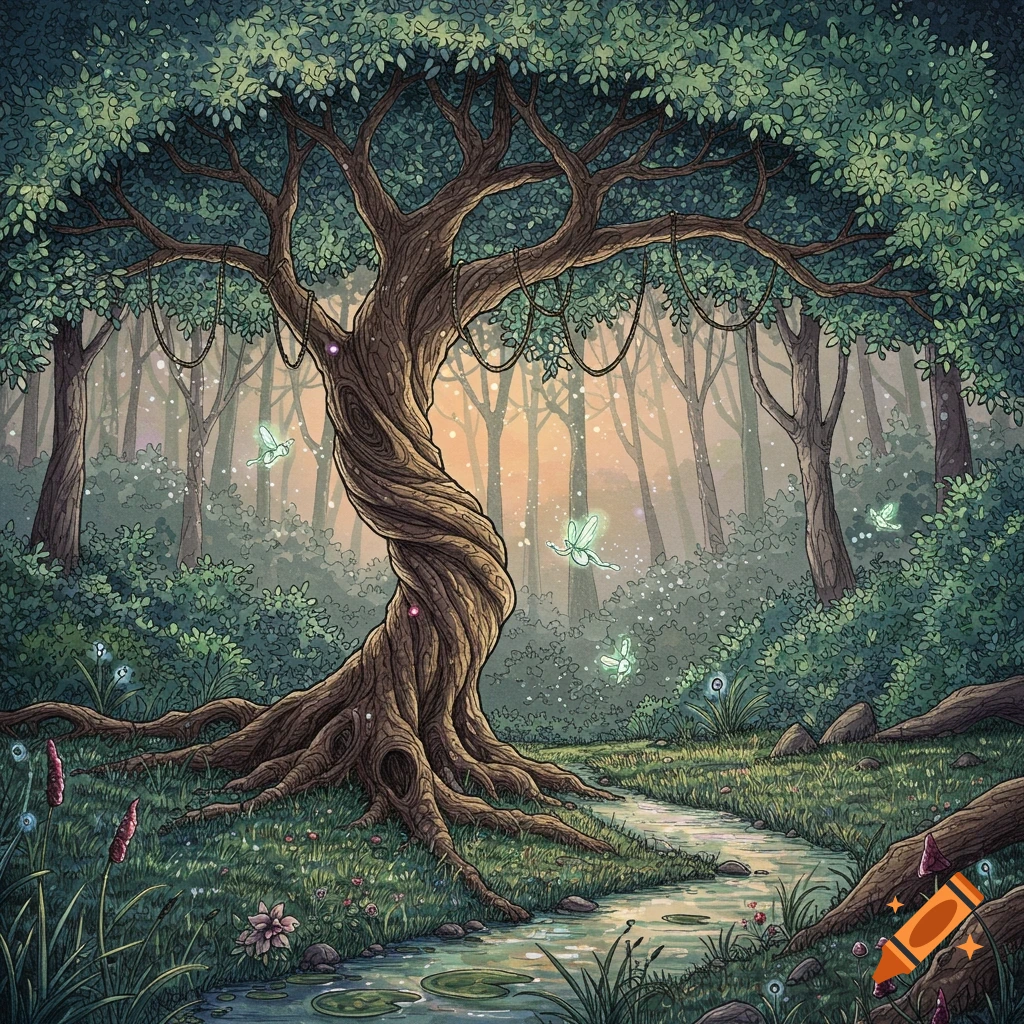 Illustrated fantasy art of a gnarled tree in a magical forest with a ...