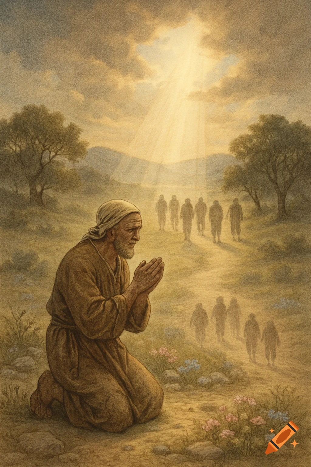 Jesus stands in a grassy field with olive trees, gazing up at a ...
