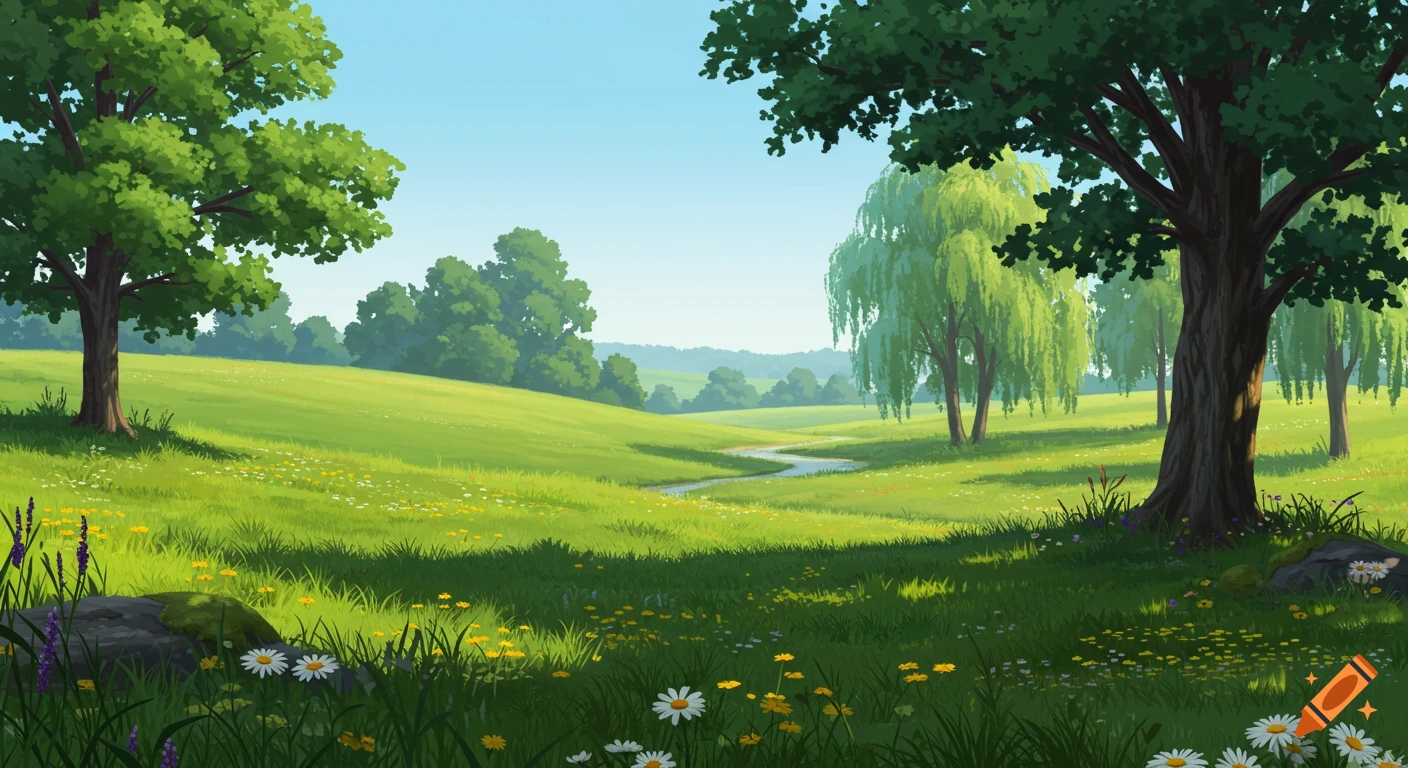 Vibrant cartoon orchard with a path, trees full of large apples ...