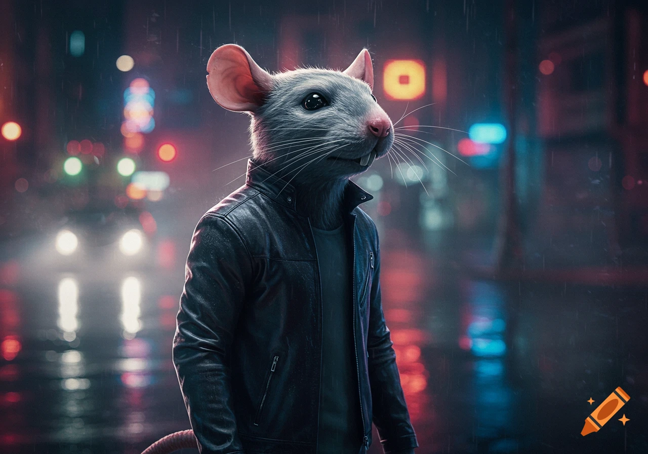 A photorealistic anthropomorphic rat in a black leather jacket stands ...