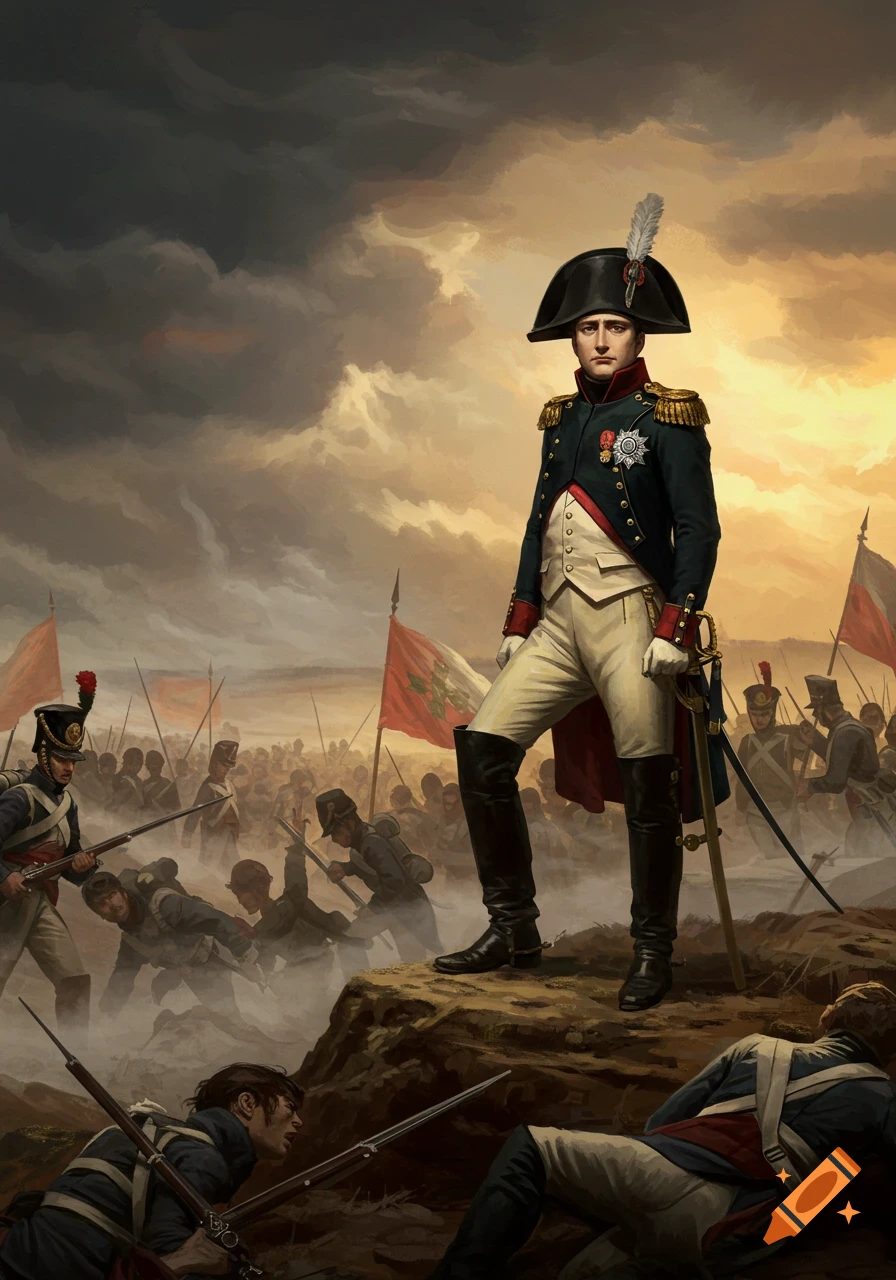 Napoleon Bonaparte in uniform stands on a rock over a battle scene with ...