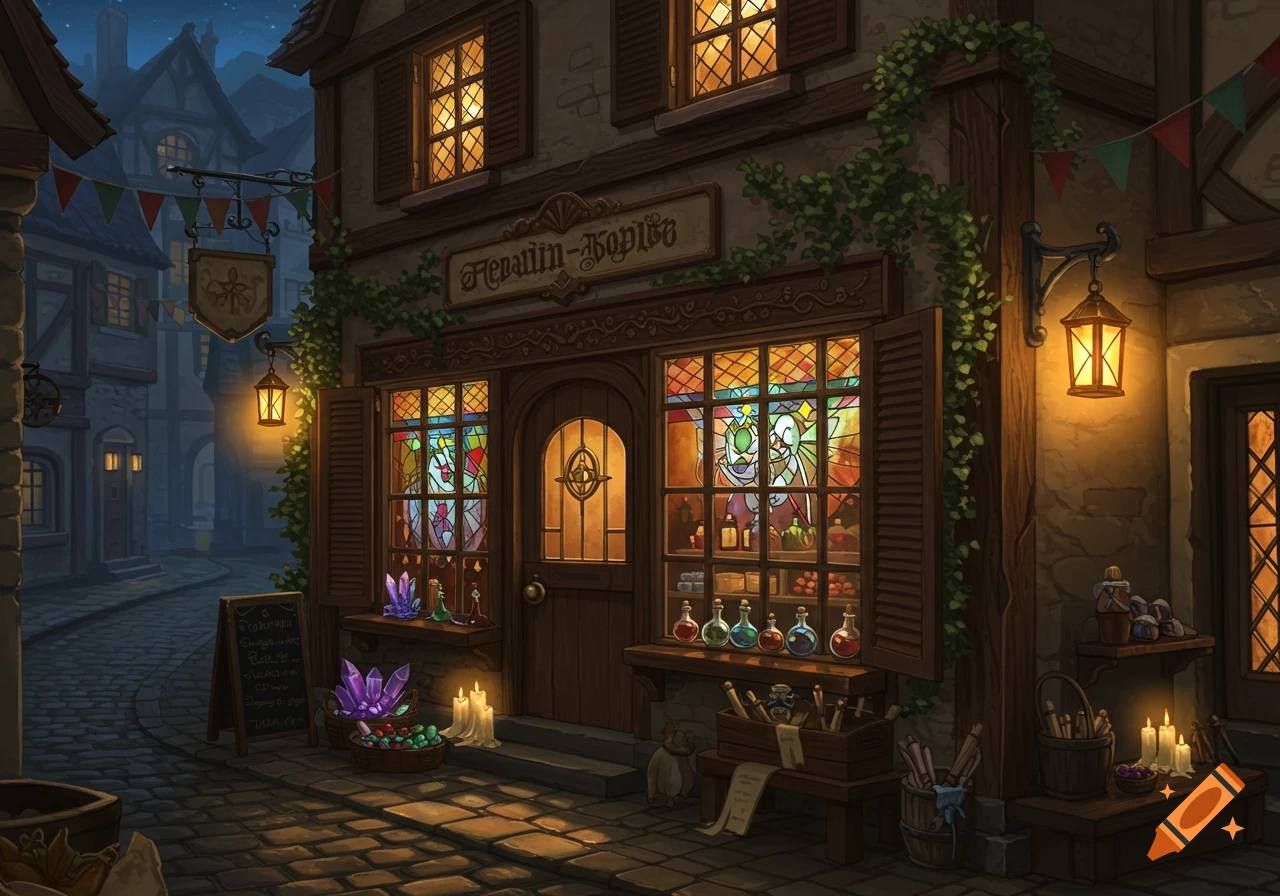 A charming medieval fantasy shop with glowing stained glass windows and lanterns at night ...