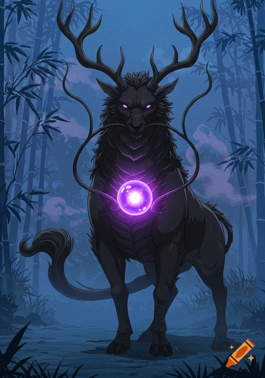 A black Kirin, a mythical beast with deer antlers and glowing purple ...