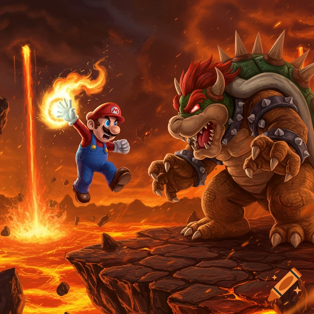 Mario jumps and casts fire towards a roaring Bowser in a dramatic lava ...