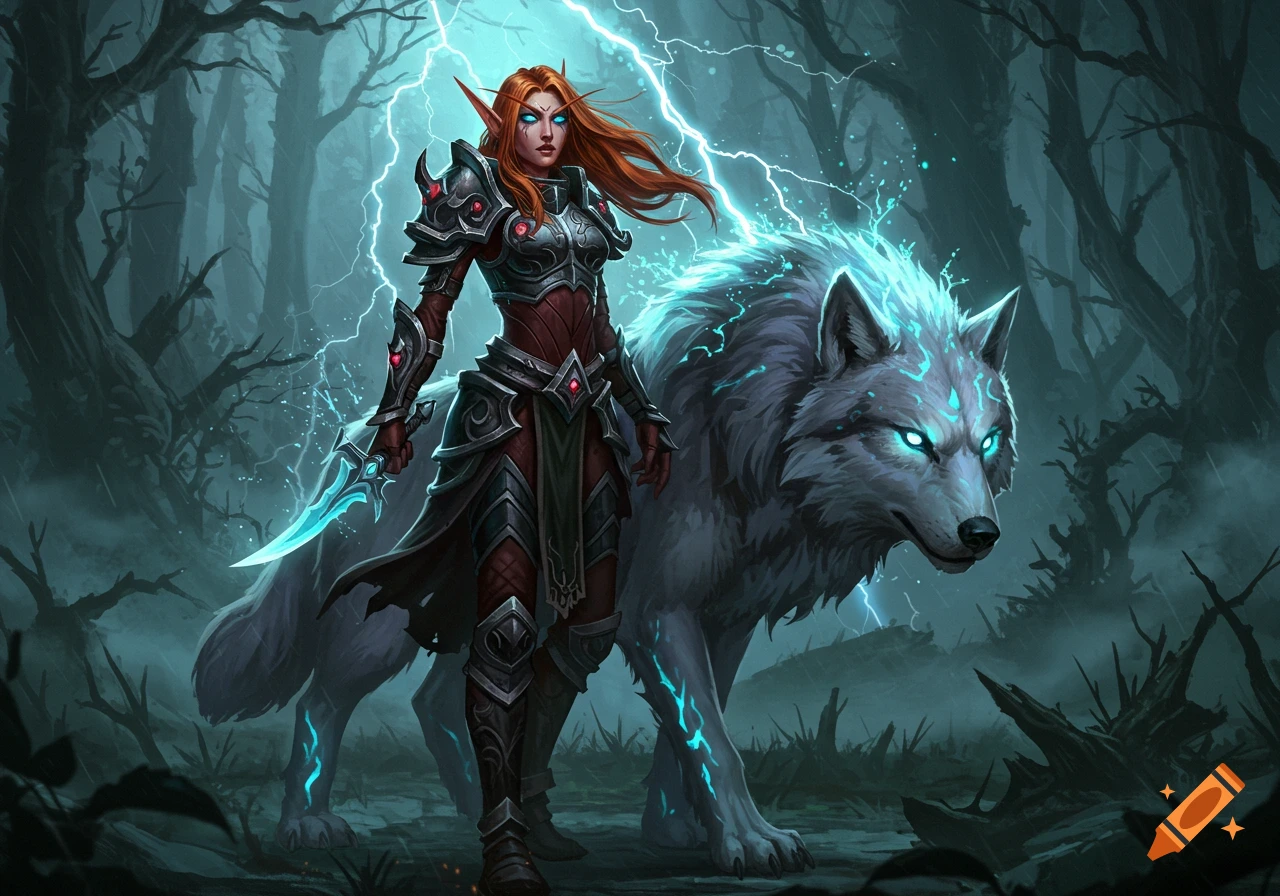 A red-haired elf warrior in dark armor stands next to a glowing white ...