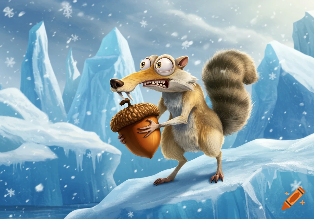 Cartoon squirrel Scrat anxiously holds an acorn in a snowy, icy ...