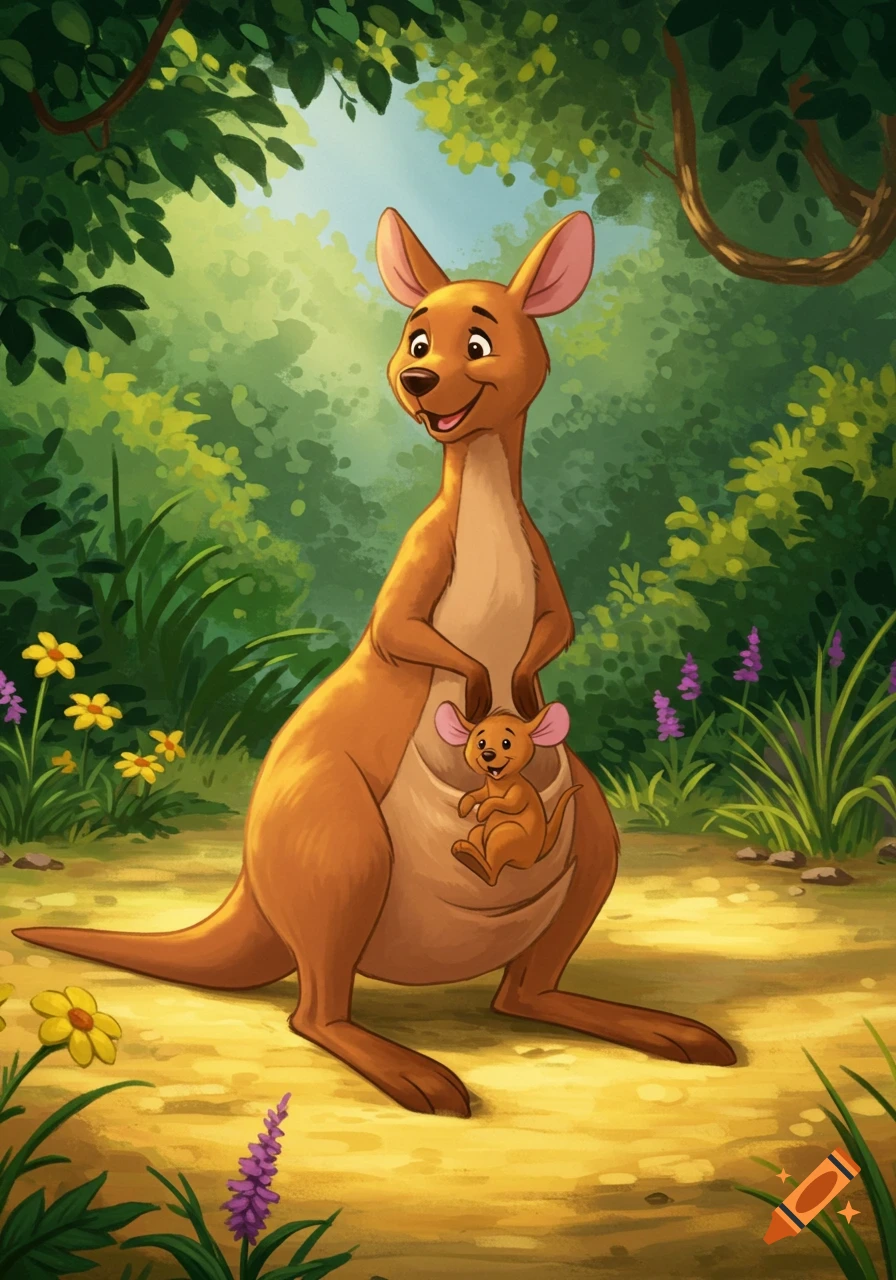 Cartoon Kanga the kangaroo with baby Roo in her pouch stands in a lush ...