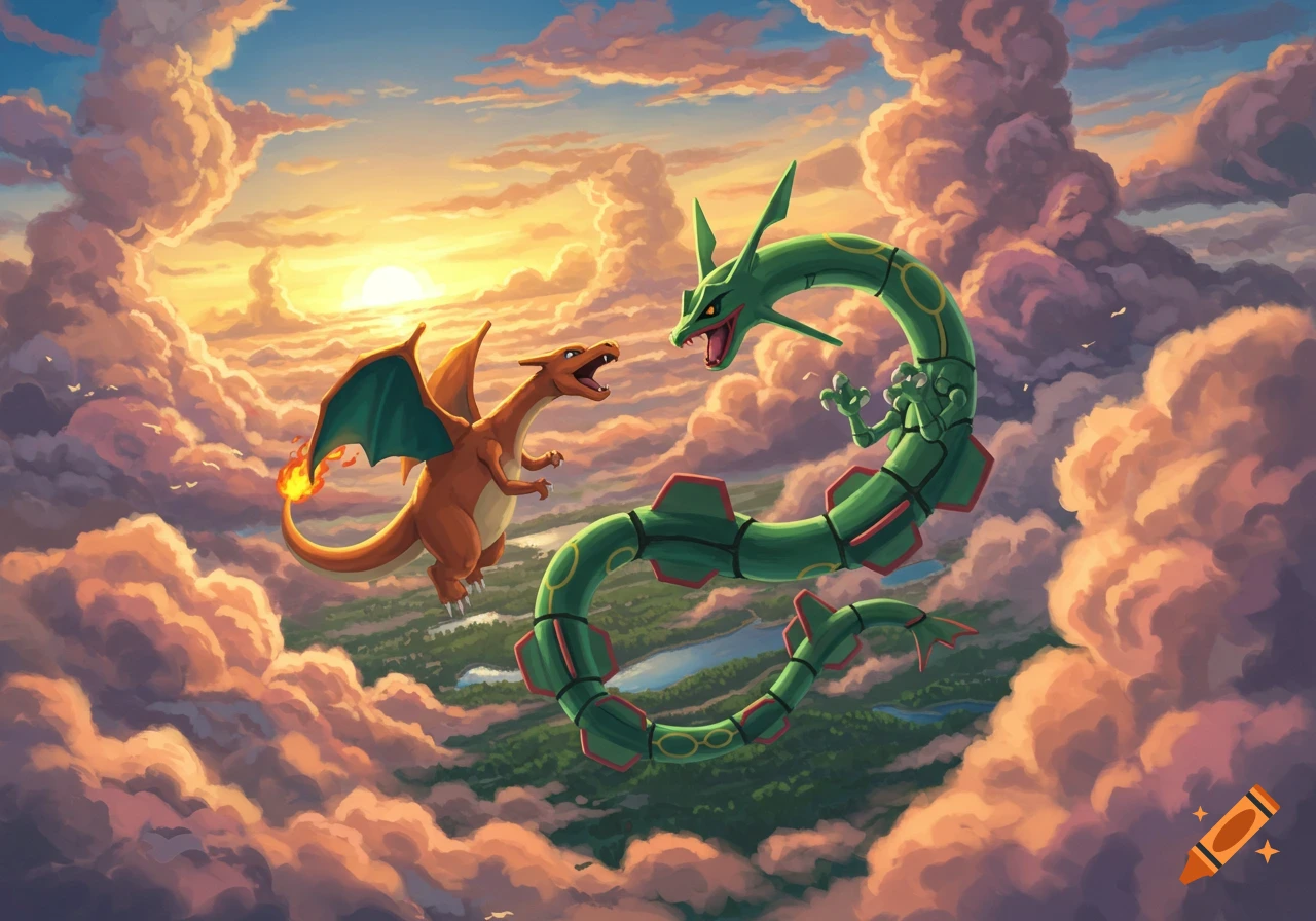 Charizard and Rayquaza fly in vibrant orange sunset clouds over a green ...