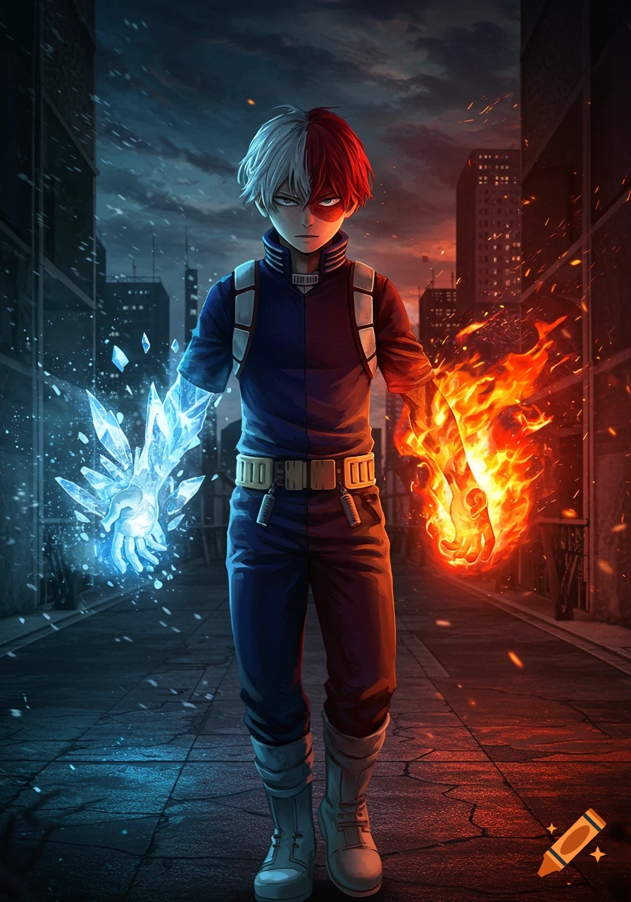 A male anime character with split red and white hair, wearing a half ...