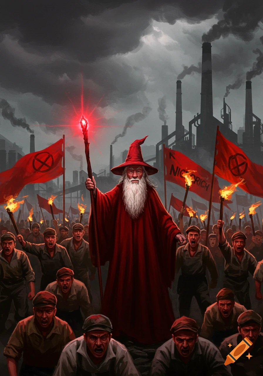 A red-robed wizard with a long white beard and a glowing staff leads an ...
