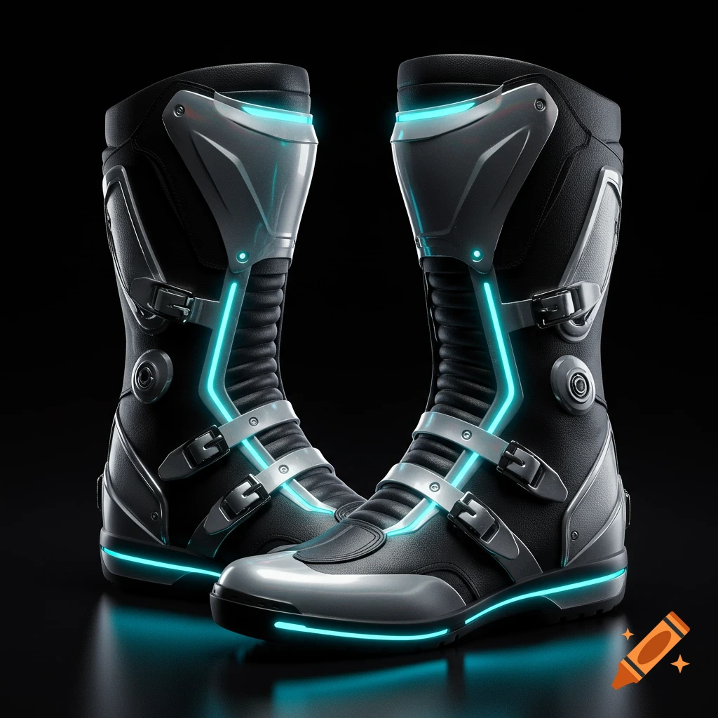 A photorealistic pair of black and silver futuristic motorcycle boots ...