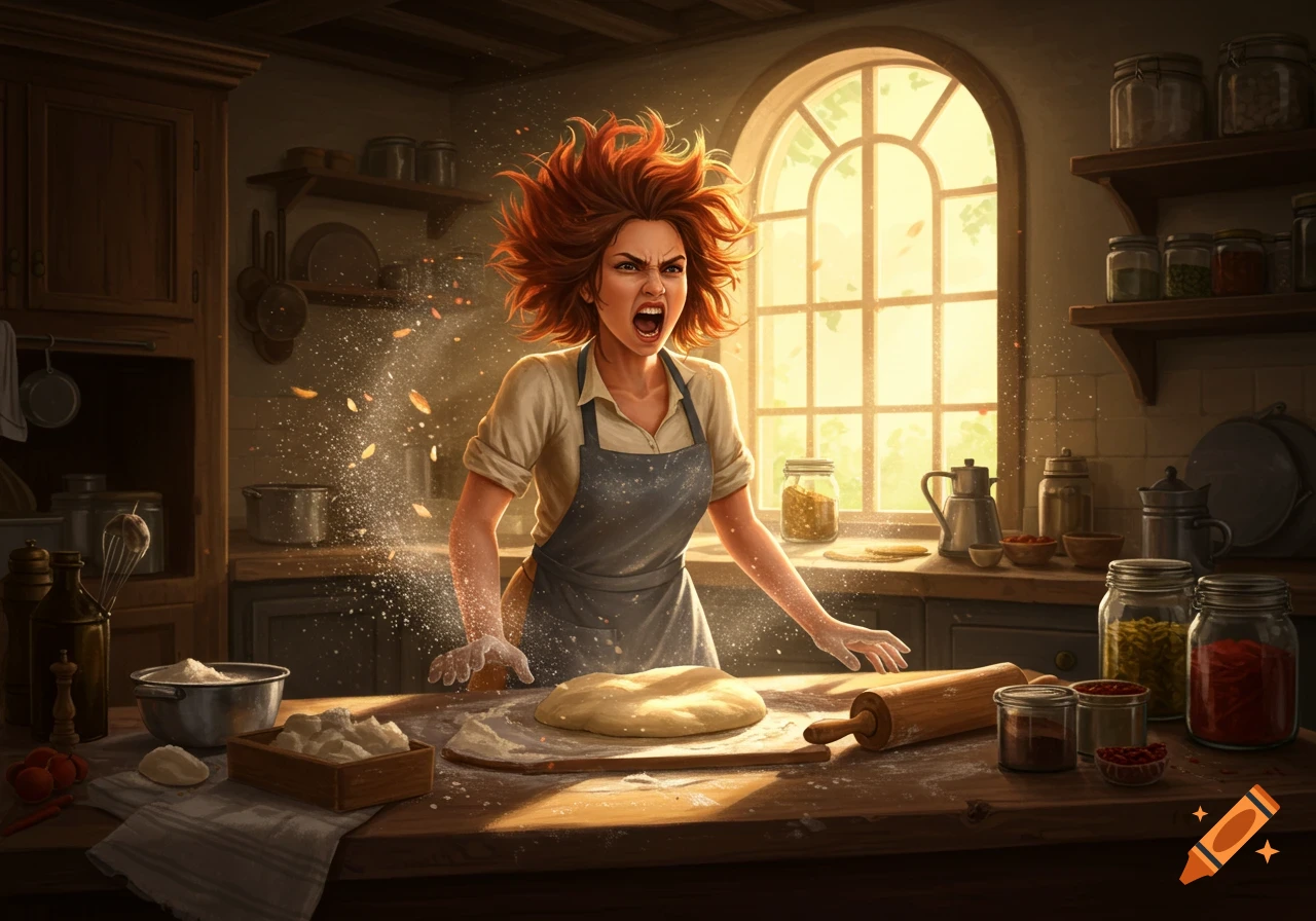 An exasperated woman with wild red hair screams at pizza dough in a ...