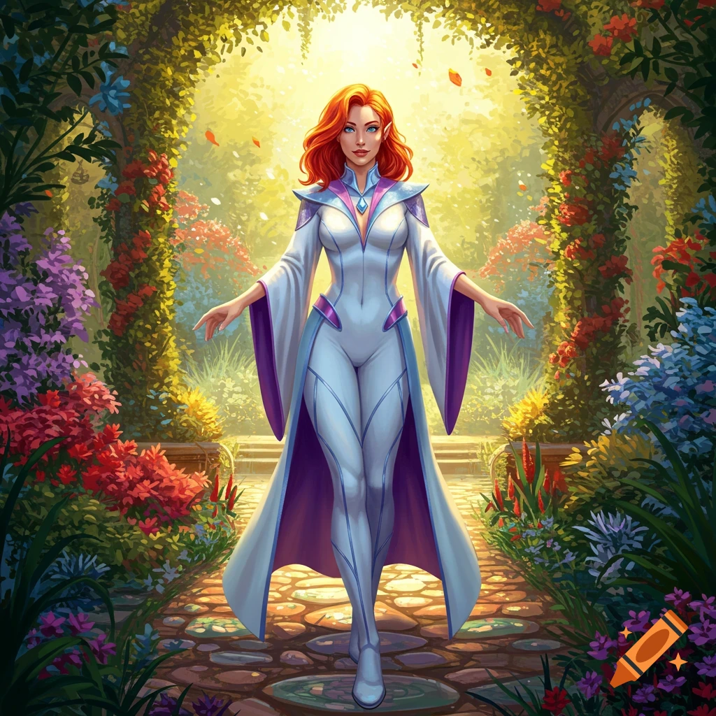 A red-haired wizardess in a white and purple robe walks through a ...