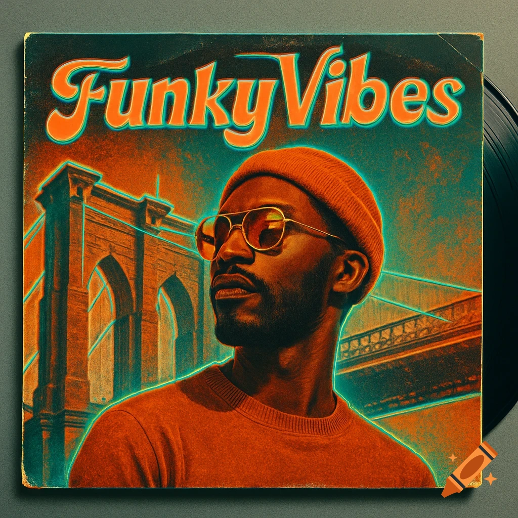 Retro vinyl album cover for 'Funky Vibes' with a man in an orange ...