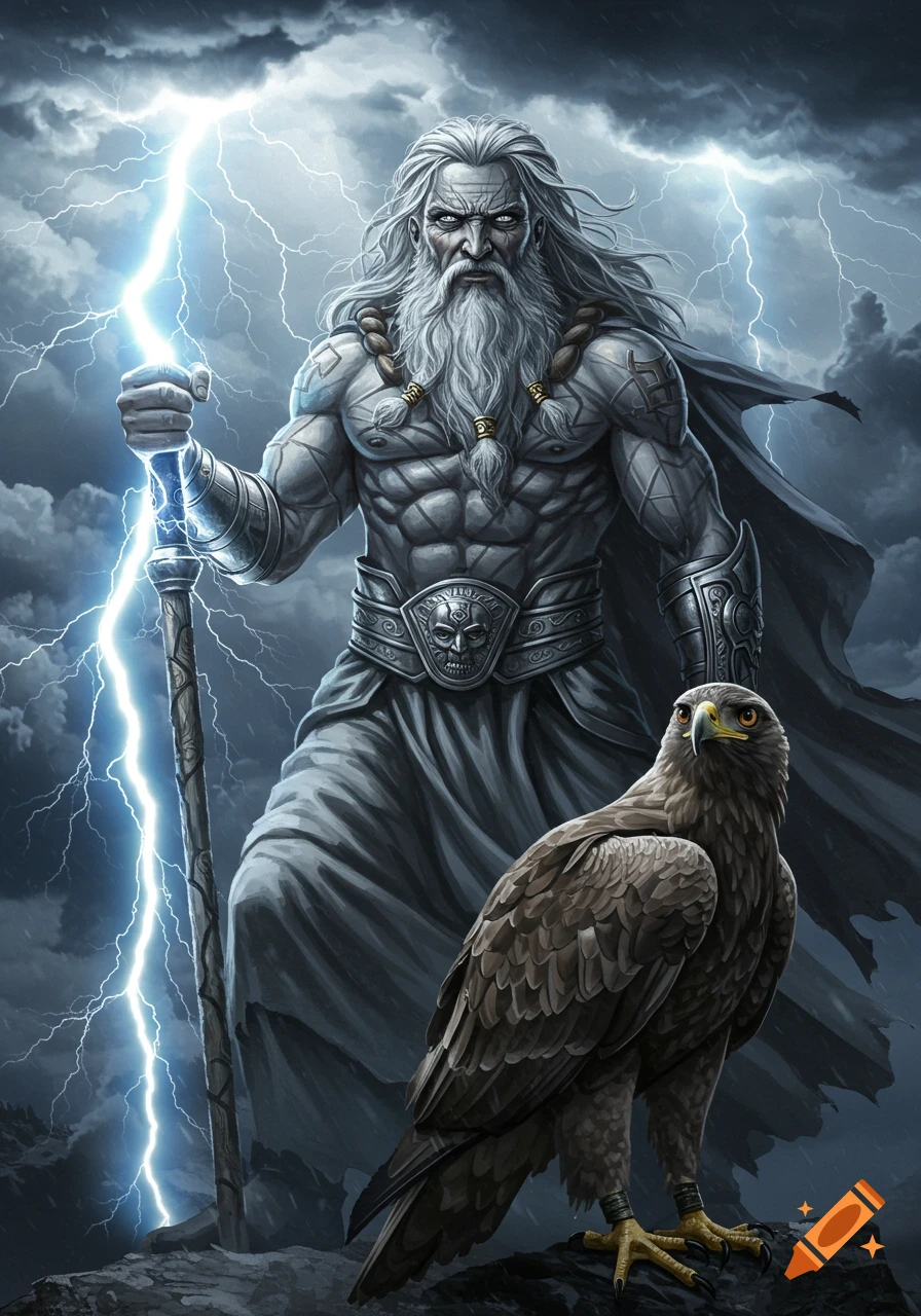 Zeus, the Greek god, with a white beard and a laurel wreath, sits on a ...